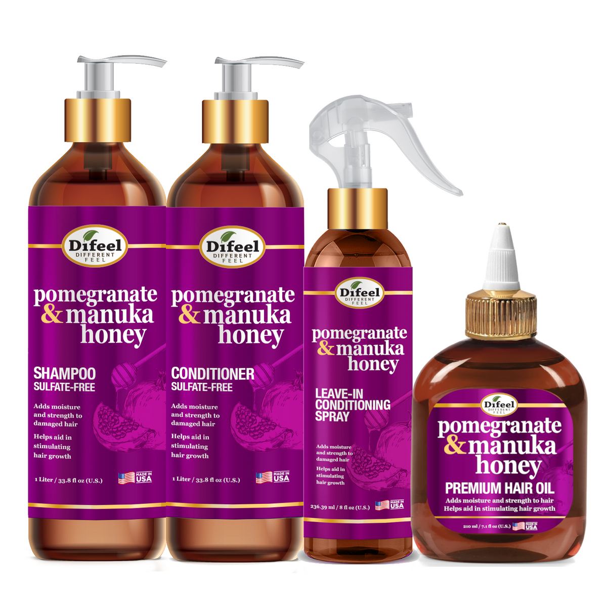 Difeel Pomegranate & Manuka Honey Shampoo, Conditioning & Oil 4PC Set ...