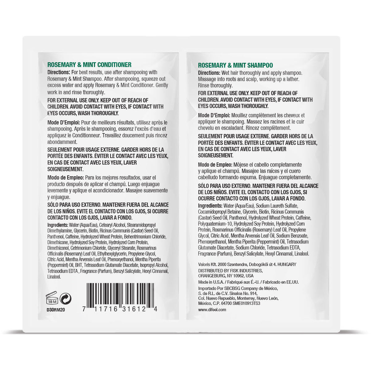 Difeel Rosemary Mint with Biotin Shampoo & Conditioner Combo Packet 2o ...