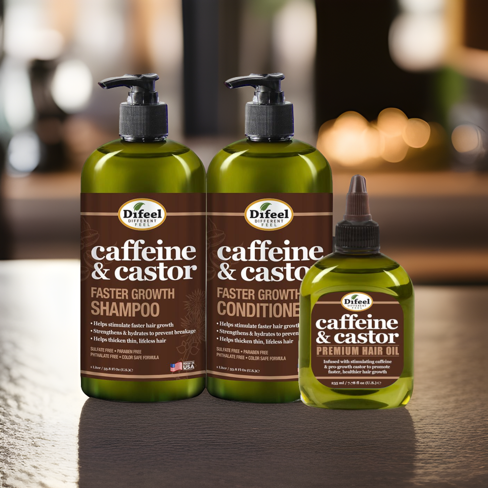Difeel 3-PC Caffeine & Castor Shampoo, Conditioner & Hair Oil for Fast ...